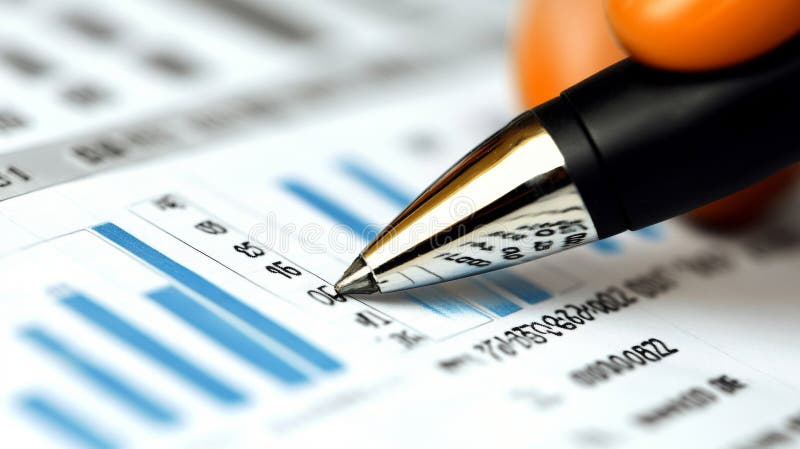 Close-up of a Pen Pointing at a Bar Chart on a Financial Report Stock ...