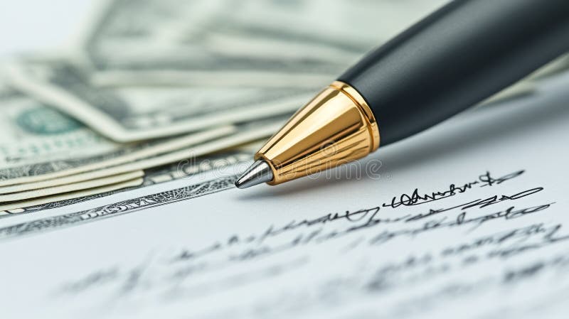 A Close Up of Pen Poised Over Signed Contract with Cash in Background ...