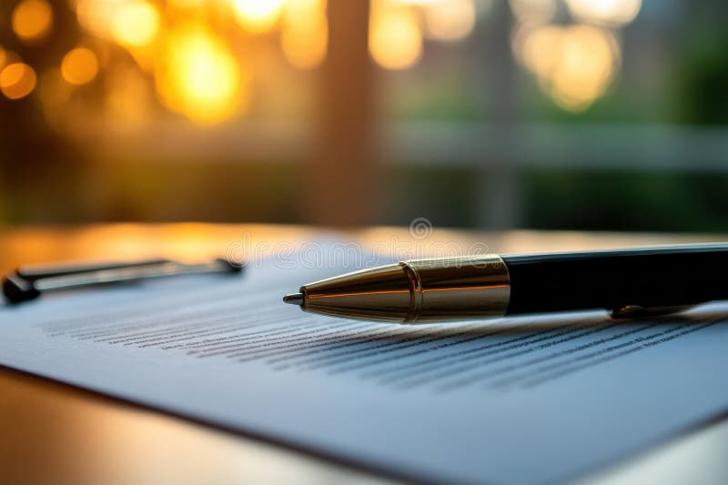 Close Up of a Pen Resting on a Document with a Warm Sunset in the ...