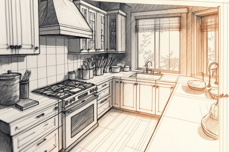 Close-up of Penciled Sketch of Kitchen, with Details and Textures ...