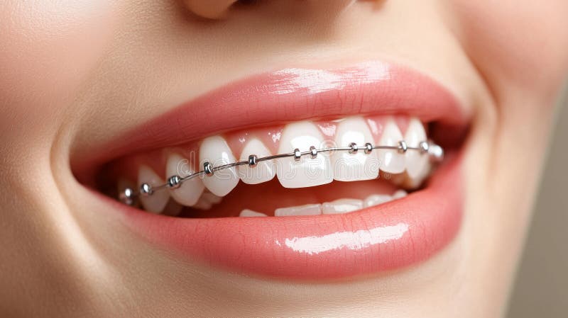 Close-up of Perfect Smile with Braces, Showcasing the Process of Teeth ...