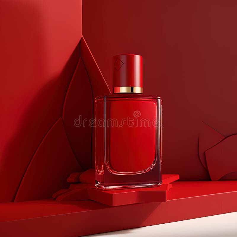 Close Up with Perfume Bottle Mock Up and Abstract Red Background ...