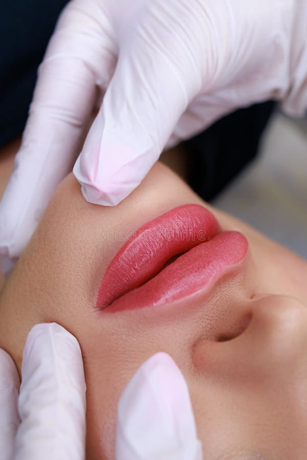 Close-up of a Permanent Make-up of Lips Made in Powder Technique, a ...