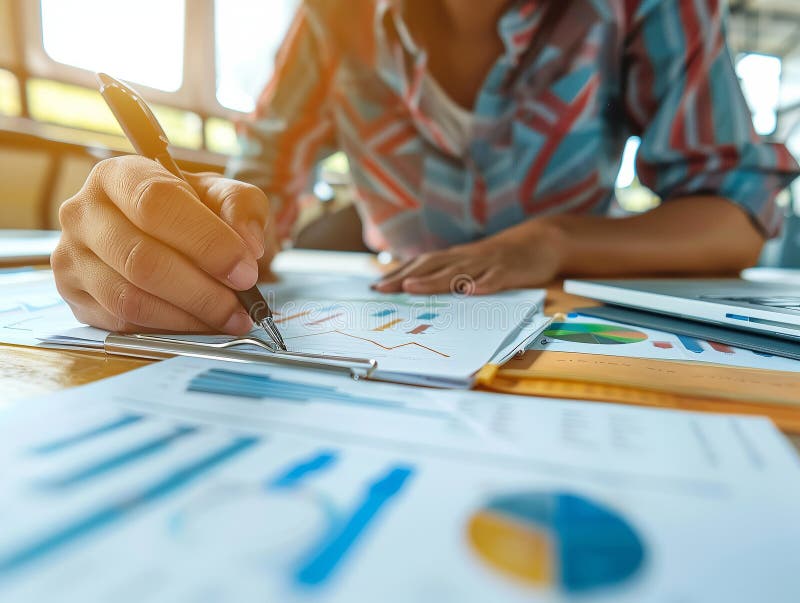 Close-up of a Person Analyzing Financial Data and Reports with Charts ...