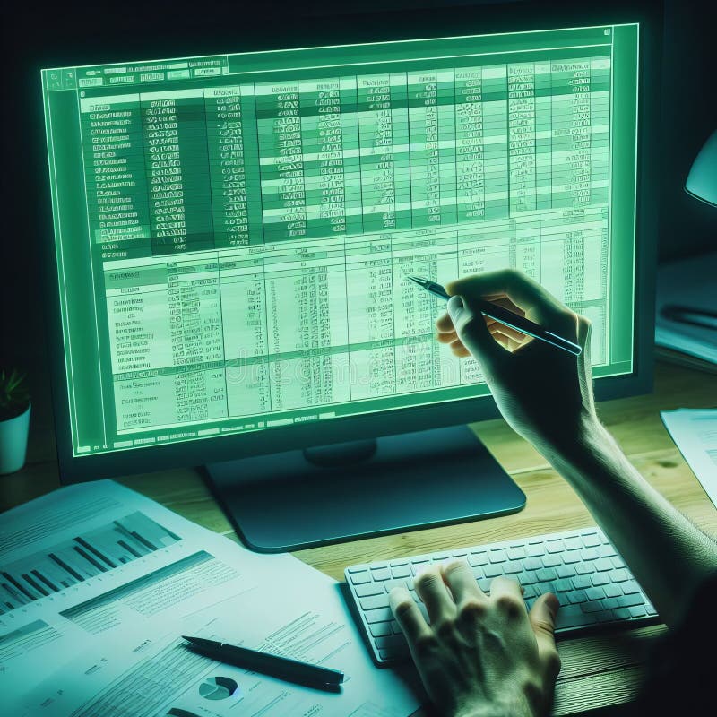 Close Up of a Person Assembling a Spreadsheet on a Computerscre Stock ...