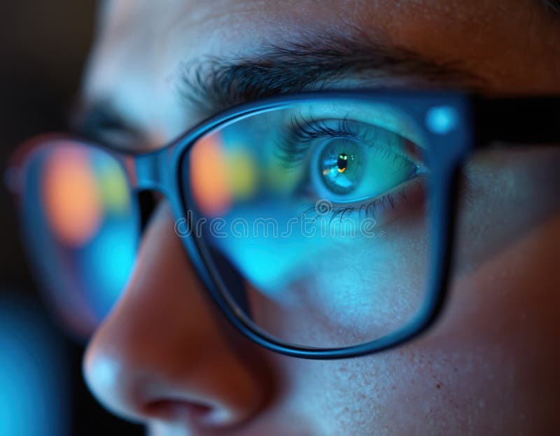 Close-up of Person in Glasses with Computer Screen Reflection. Blue Light, Focused Eyes, Tech ...