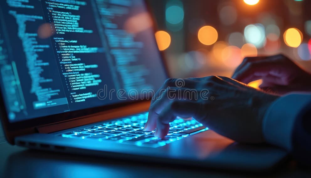 Close-up of Person Hands Typing Code on Laptop Keyboard. Night City Lights Bokeh Background ...