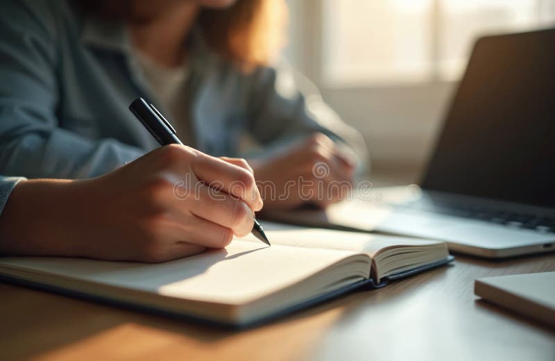 Close-up of Person Hands Writing in Notebook with Pen. Laptop on ...
