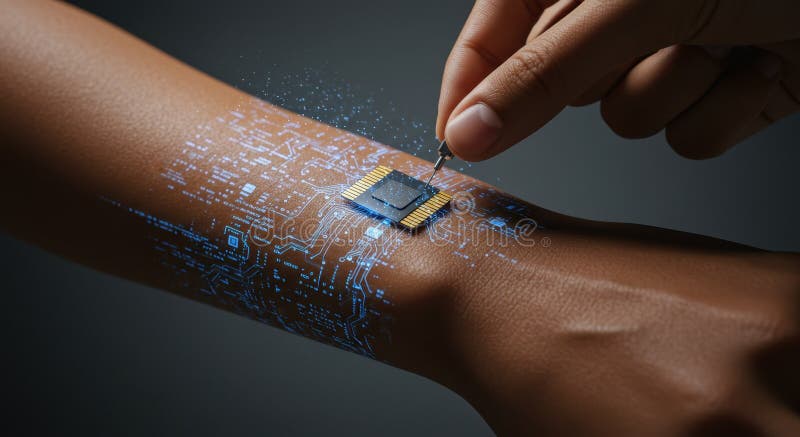 Close Up of a Person Inserting a Biochip into Their Wrist, with Digital ...