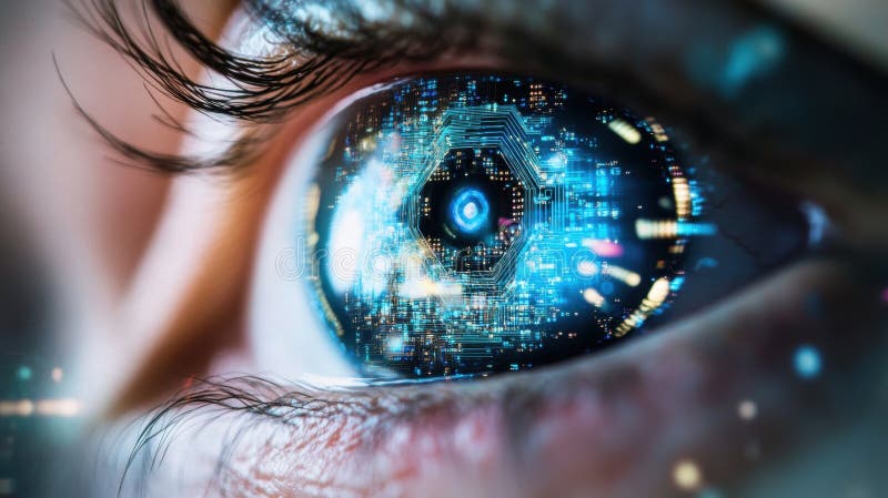 A Close Up of a Person S Eye with a Circuit in the Iris Stock ...