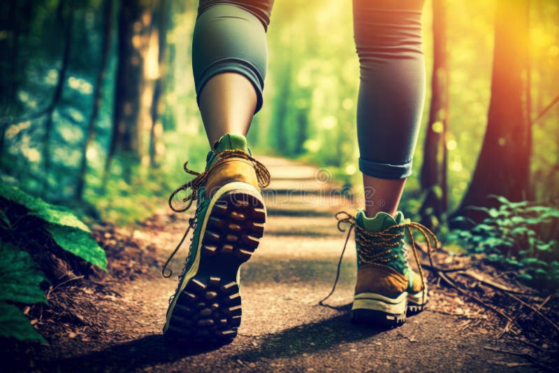 Close Up of Person S Feet Walking on Path in the Woods. Generative AI ...