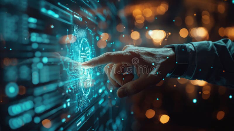 Close-up of a Person S Hand Interacting with a Futuristic Digital Interface with Glowing Blue ...