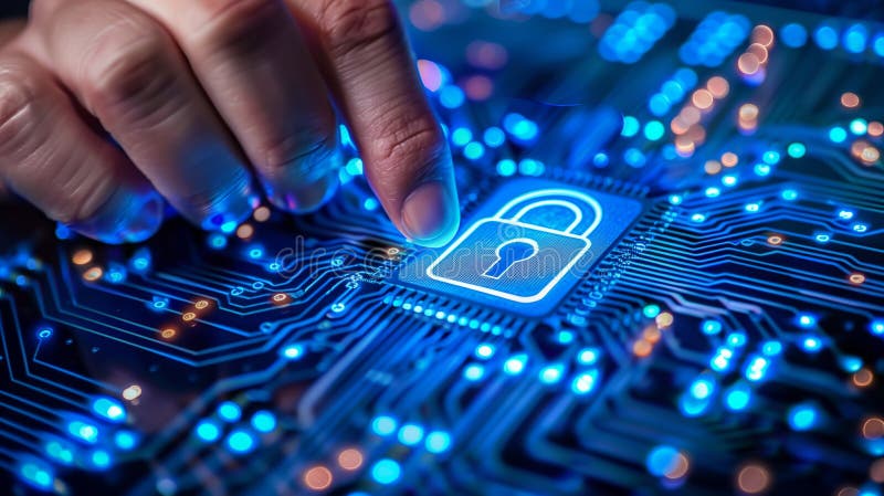 Close-up of Person S Hand Touching Padlock on Circuit Board. Padlock is ...