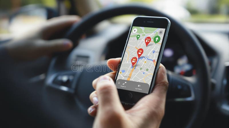 Person Using a Smartphone Navigation App in a Car Stock Illustration ...
