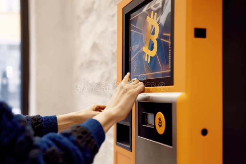 Close-up of a Person Using a Bitcoin ATM. Stock Illustration ...