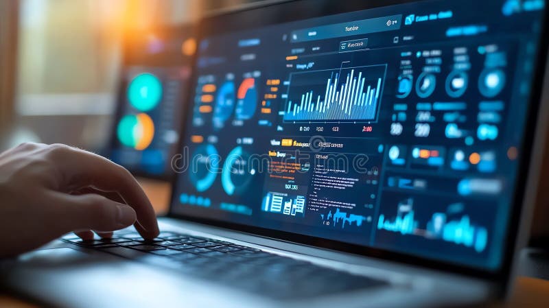 Close-up of a Person Using Laptop with Data Visualization on Screen ...