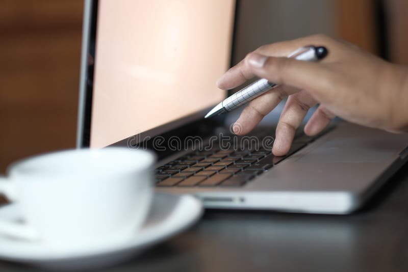 Close Up of Person Using Laptop on Office Desk Stock Photo - Image of ...