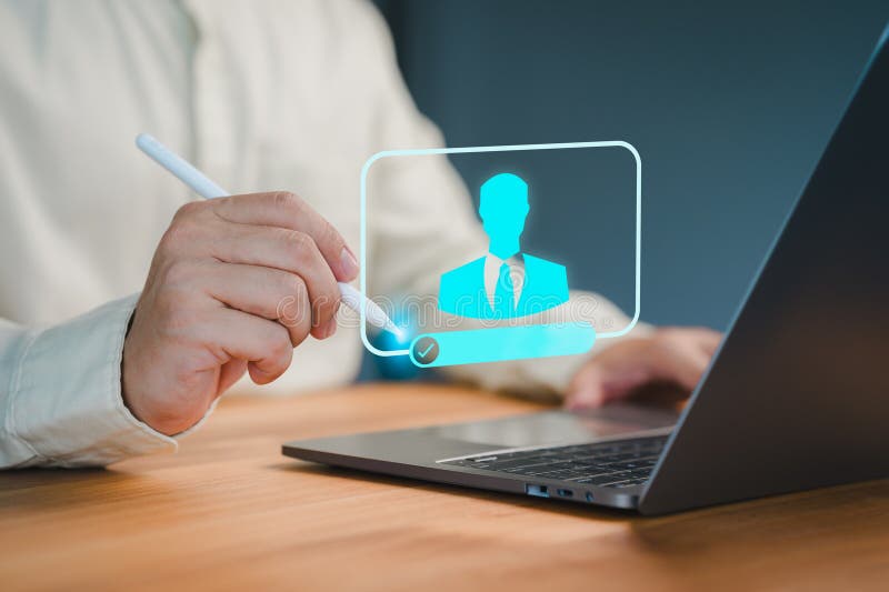 Close-up of a Person Using a Pen To Interact with a Virtual Profile ...