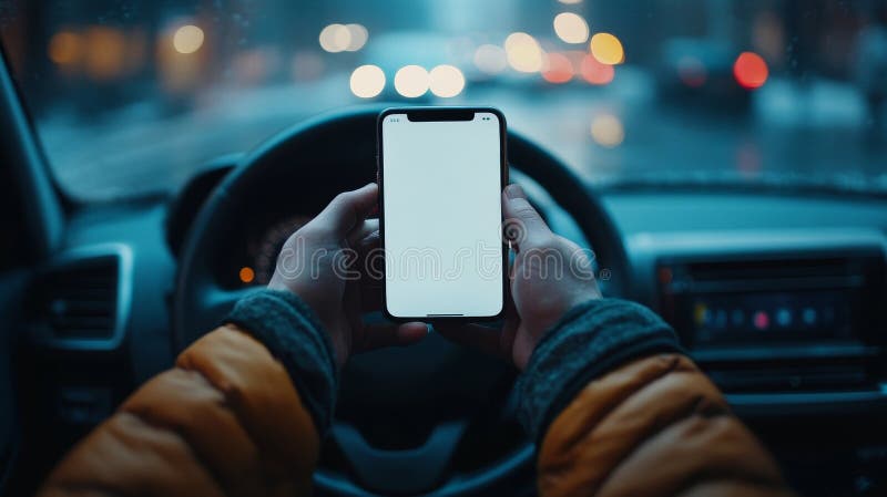 Close-up of Person Using Smartphone with White Screen while Driving ...