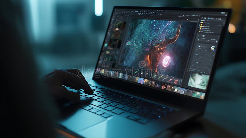 Close Up Person Working on Laptop with Graphic Design Software and ...