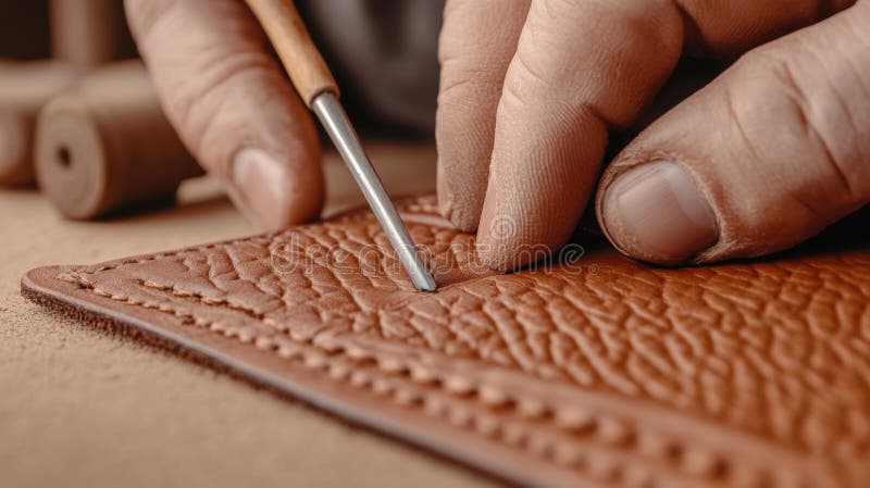A Close Up of a Person Working on Leather with a Needle, AI Stock Photo ...