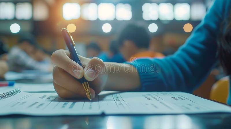Close Up of a Person Writing an Exam in a Class Stock Illustration ...