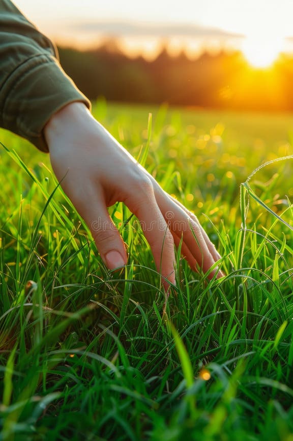 A Close-up of a Persons Hand Reaching for an Object in Green Grass ...
