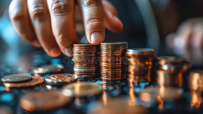 Close Up of Persons Hand Stacking Coins on a Table Stock Photo - Image ...