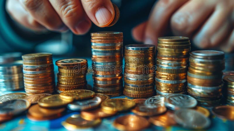 Close Up of Persons Hand Stacking Coins on a Table Stock Photo - Image ...