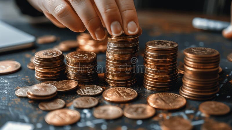 Close Up of Persons Hand Stacking Coins on a Table Stock Photo - Image ...