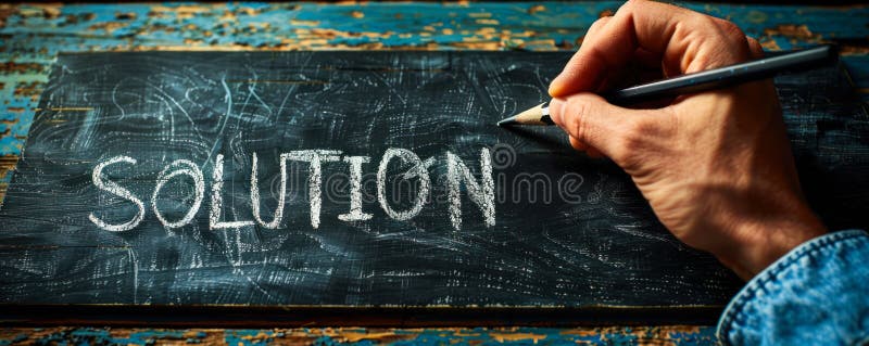 Close Up of a Persons Hand Writing the Word Solution with White Chalk ...