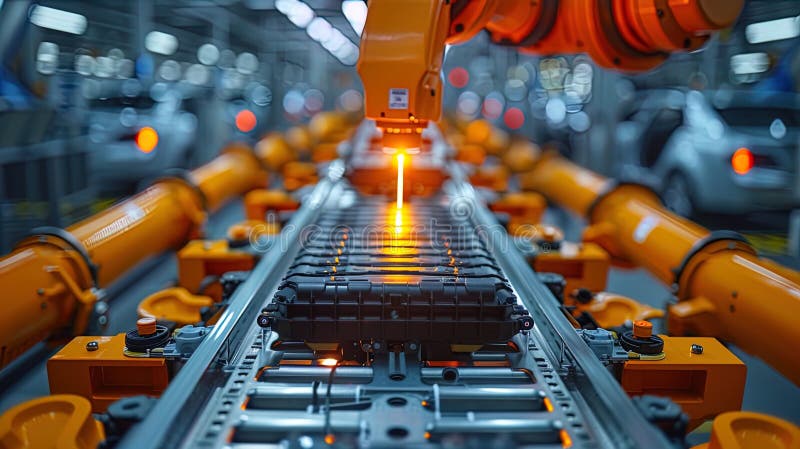 Close-up Perspective of Battery Modules Being Installed into Electric ...