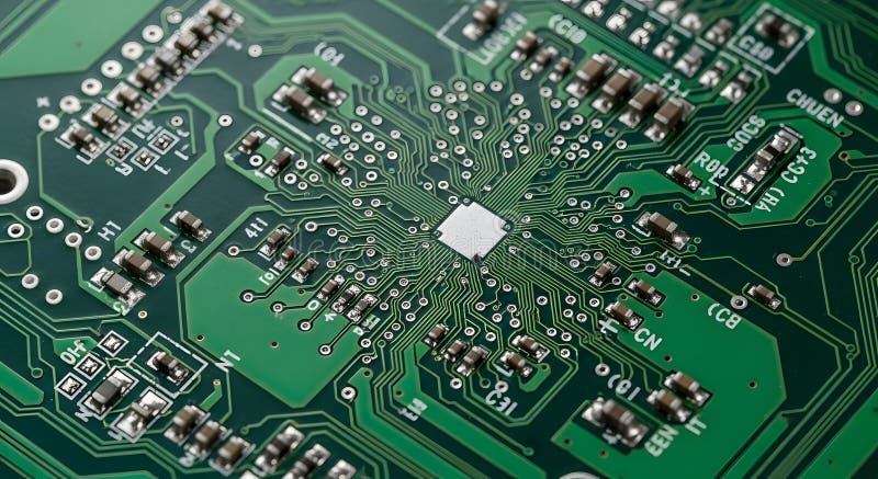 Detailed Green Circuit Board with Intricate Pathways and Central ...