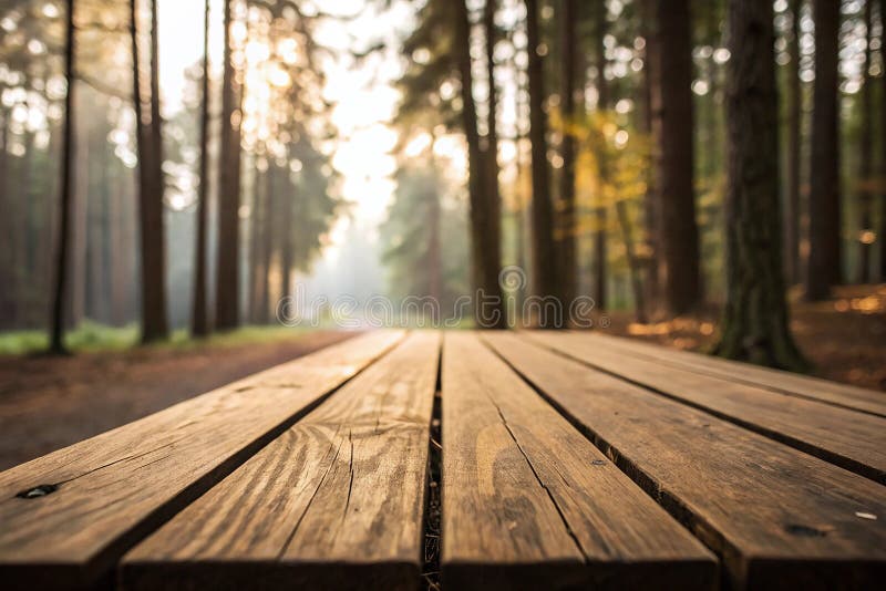 Close Up Top Table Wooden Textute Perspective on Bokeh Tree Blur ...