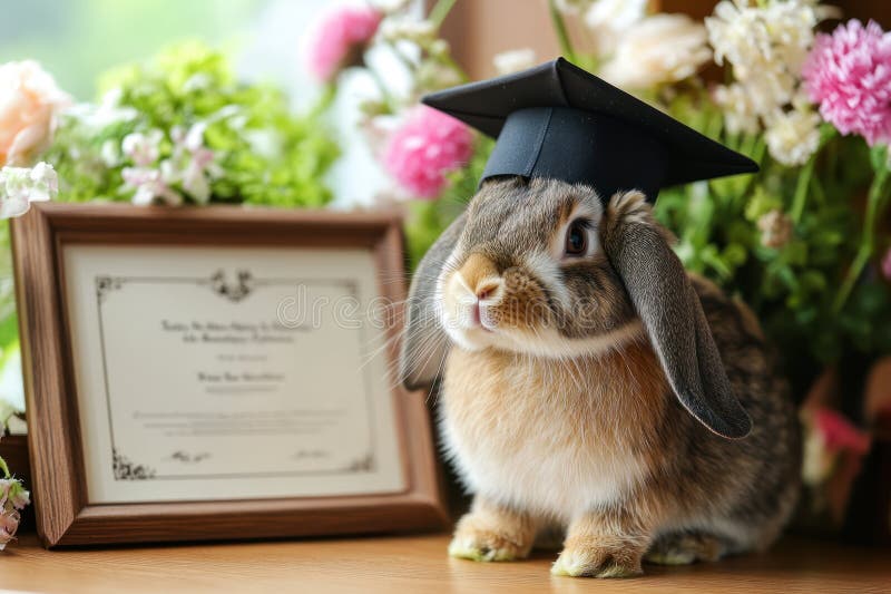 Close Up of Pet Rabbit in Graduation Cap beside Certificate on Table ...