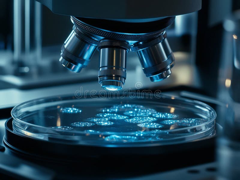 Close Up of a Petri Dish Under a Modern Microscope with Glowing Blue ...