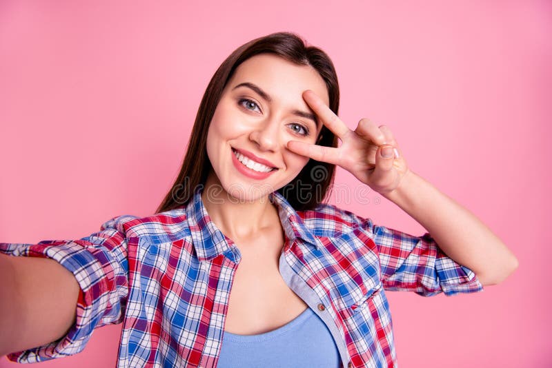 Close Up Photo Beautiful Amazing She Her Lady Make Take Selfies Speak