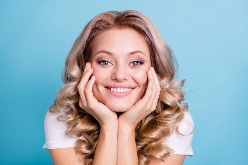 Close Up Photo Beautiful Amazing Her She Lady Overjoyed Toothy Hands