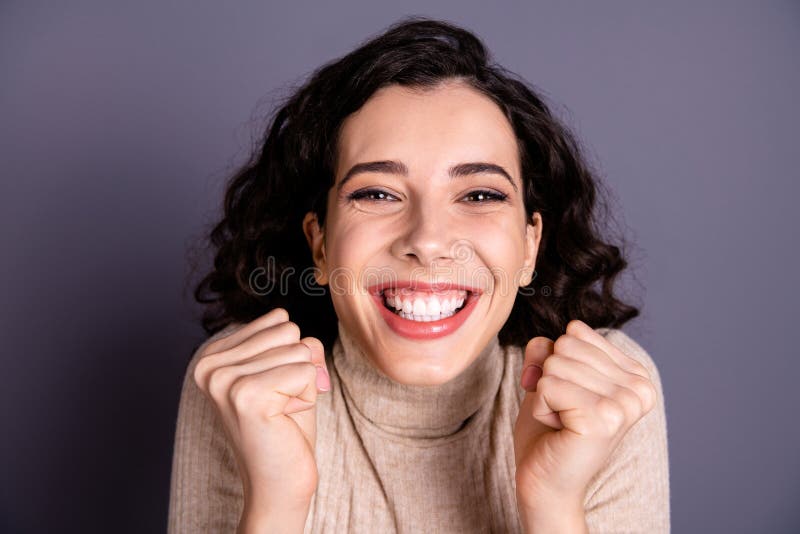 Close Up Photo Beautiful Amazing She Her Overjoyed Lady Girlish Toothy