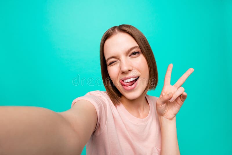 Close Up Photo Beautiful Her She Lady Tongue Out Mouth Show V Sign Say