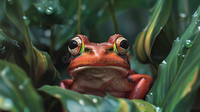 A Close-up Photo of a Bright Red Tree Frog Perched on a Lush Green Leaf ...