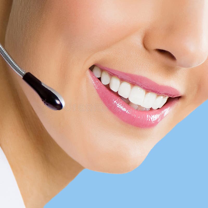 Close Up Photo of Call Center Phone Agent, Over Blue Stock Image ...