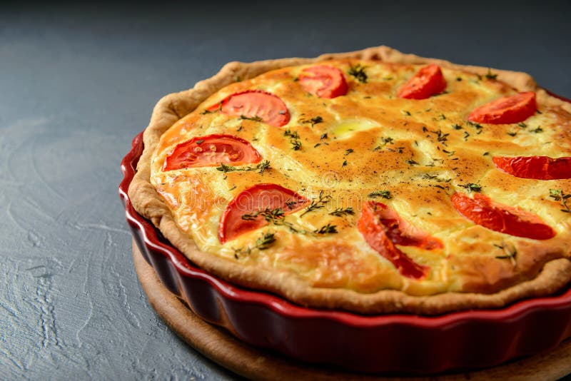 Close-up Photo of Classic Quiche Lorraine Pie with Tomatoes Stock Photo ...