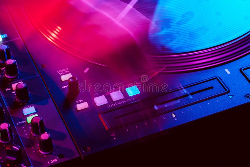 Close Up of DJ Mixing Console in Party Light Stock Image - Image of ...