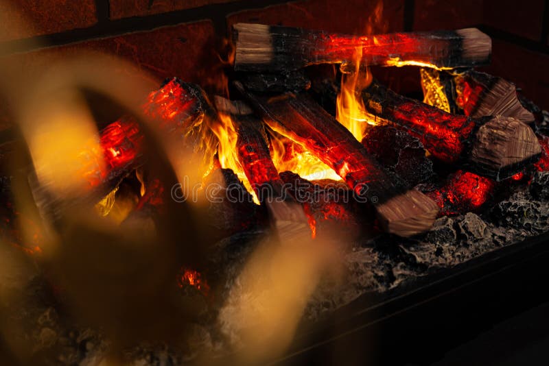Close Up of a Fireplace with Burning Wood Logs Inside Stock Image ...