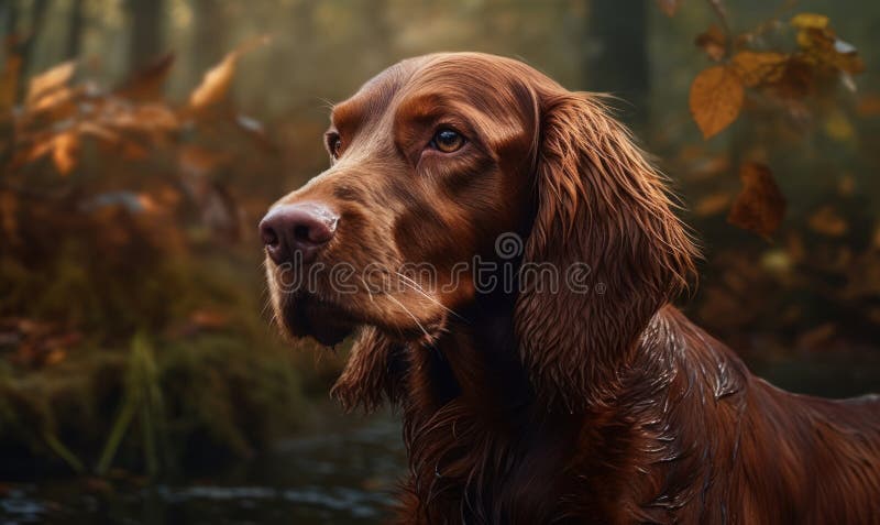 Close Up Photo of Irish Setter on Blurry Forest Background. Generative ...