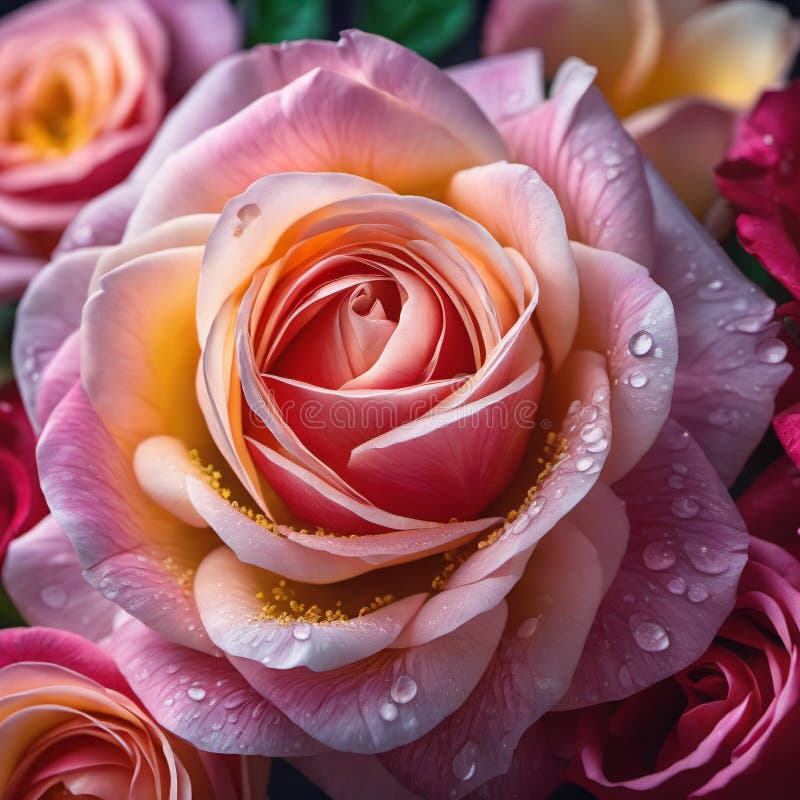 Close-up Photo of Roses on a Tree with Dew Drops. Stock Illustration ...