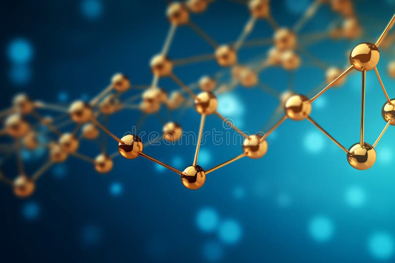 Molecular Chain of Golden Molecules on Blue Background Stock ...