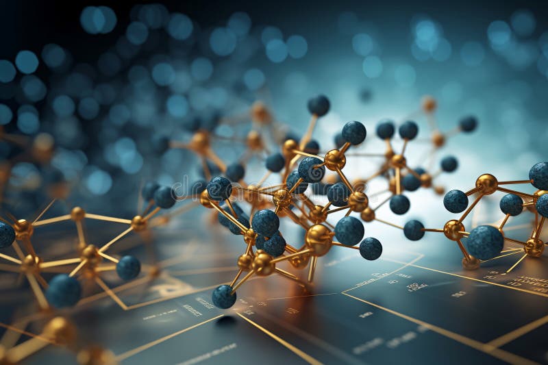 Molecular Chain of Golden Molecules on Blue Background Stock ...