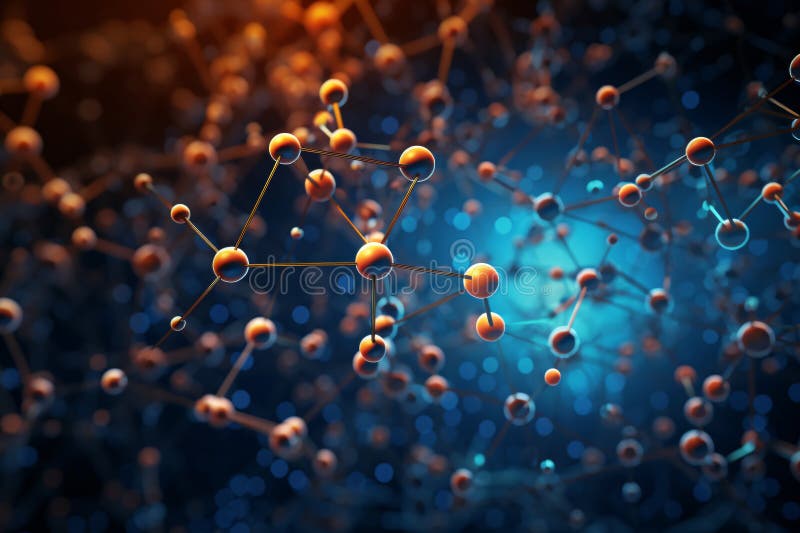 Molecular Chain of Golden Molecules on Blue Background Stock ...